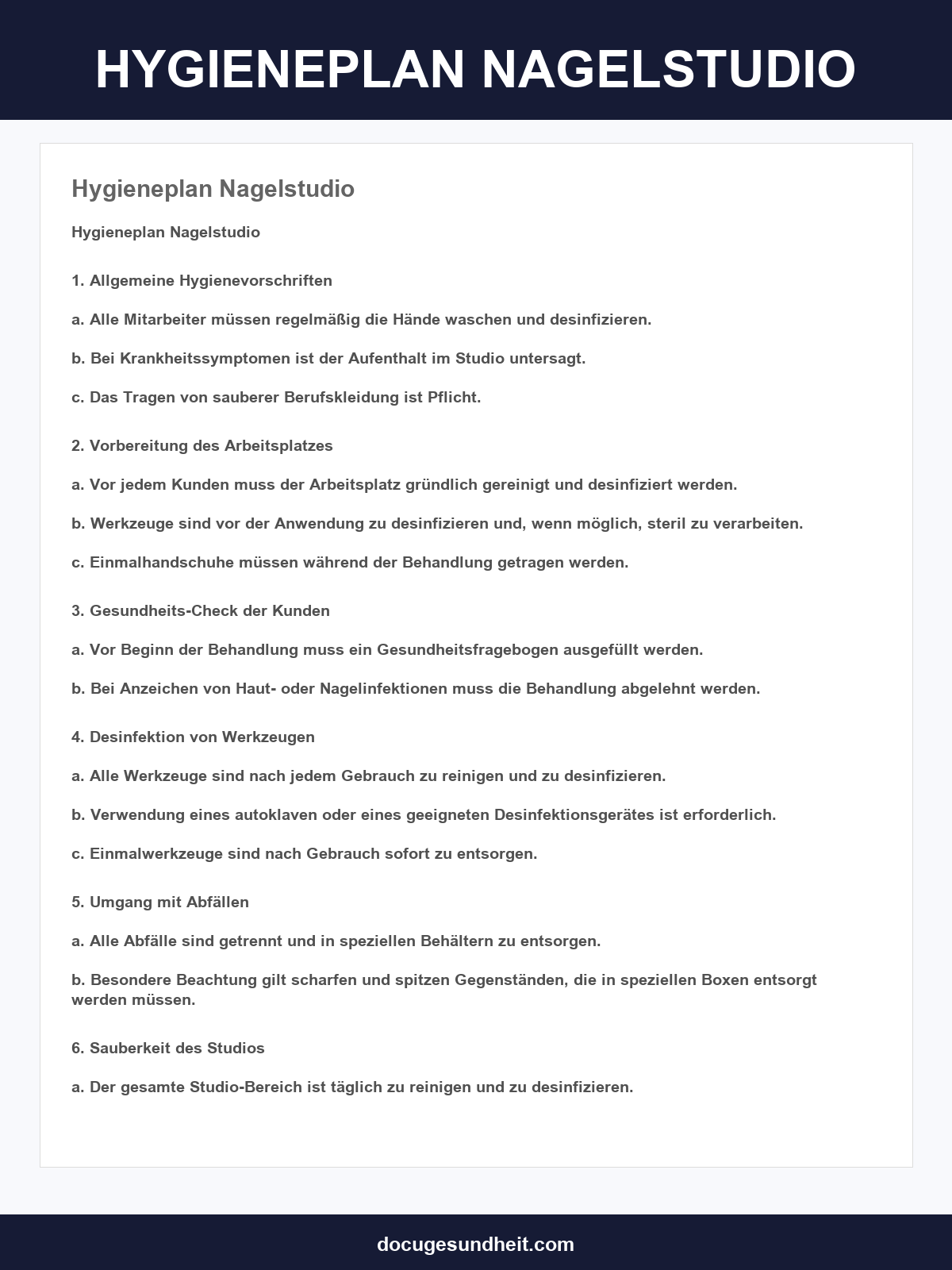 Hygieneplan Nagelstudio Vordruck